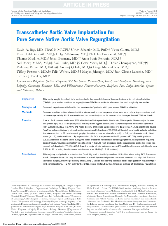 (PDF) Transcatheter Aortic Valve Implantation for Pure Severe Native Aortic Valve Regurgitation