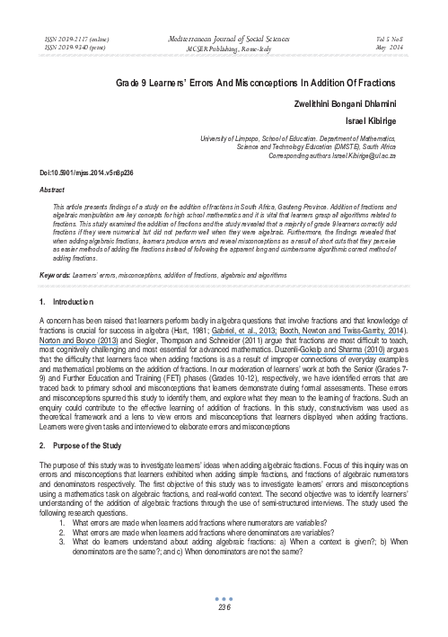 (PDF) Grade 9 Learners’ Errors And Misconceptions In Addition Of Fractions