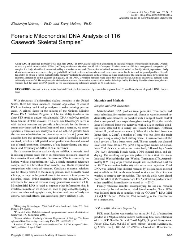 (PDF) Forensic Mitochondrial DNA Analysis of 116 Casework Skeletal Samples