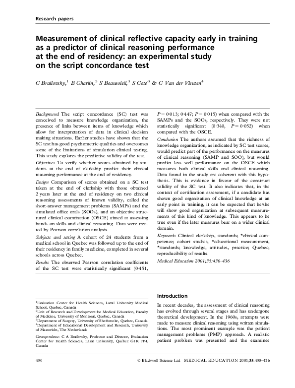 (PDF) Measurement of clinical reflective capacity early in training as ...