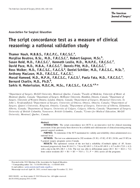 (PDF) The script concordance test as a measure of clinical reasoning: a ...