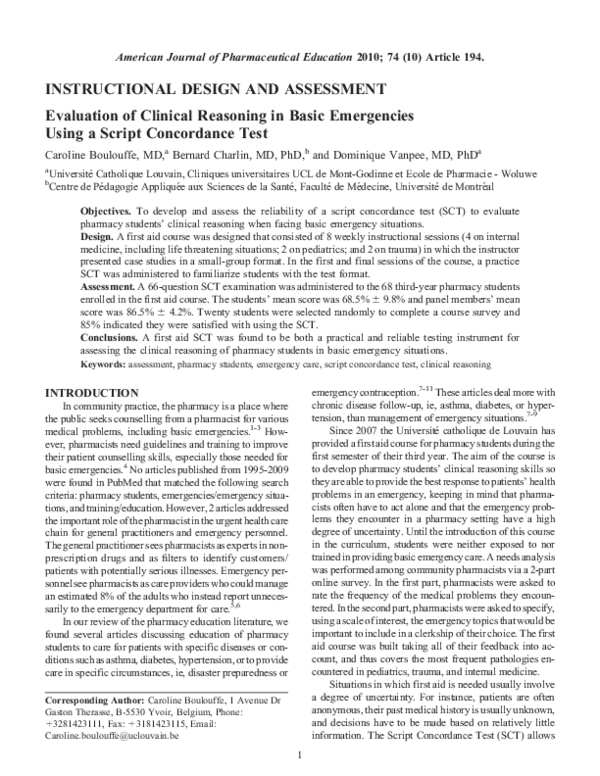 Pdf Evaluation Of Clinical Reasoning In Basic Emergencies Using A Script Concordance Test