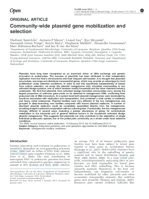 (PDF) Community-wide plasmid gene mobilization and selection