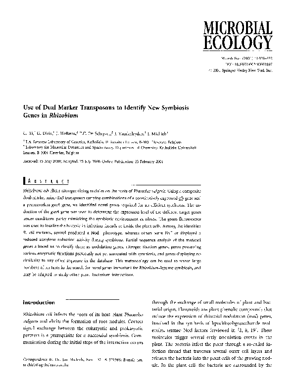 Pdf Use Of Dual Marker Transposons To Identify New Symbiosis Genes In