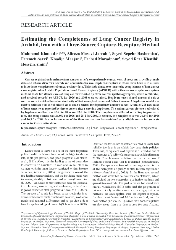Pdf Completeness Of Lung Cancer Registration In Ardabil Iran With A Three Source Capture