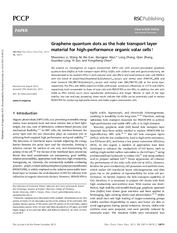 (PDF) Graphene quantum dots as the hole transport layer material for high-performance organic ...