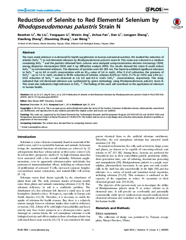 (PDF) Reduction of Selenite to Red Elemental Selenium by ...