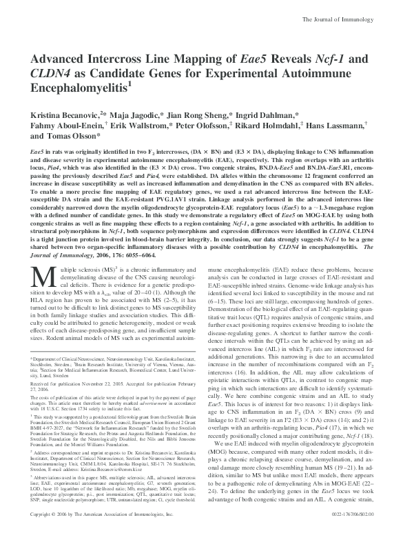 (PDF) Advanced Intercross Line Mapping of Eae5 Reveals Ncf-1 and CLDN4 ...