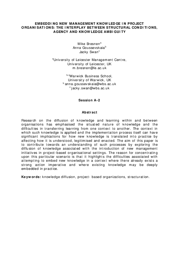 (PDF) Embedding New Management Knowledge in Project-Based Organizations