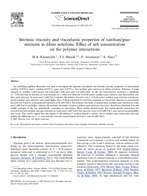 Pdf Intrinsic Viscosity And Viscoelastic Properties Of Xanthan Guar