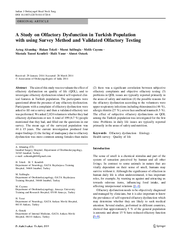 (PDF) A Study on Olfactory Dysfunction in Turkish Population with using ...
