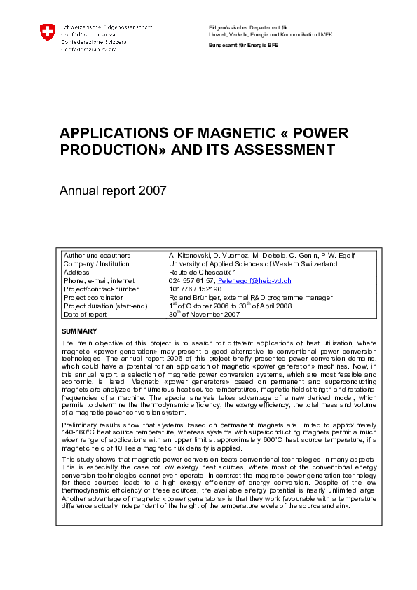(PDF) Applications of Magnetic «Power Production» and Its Assessment