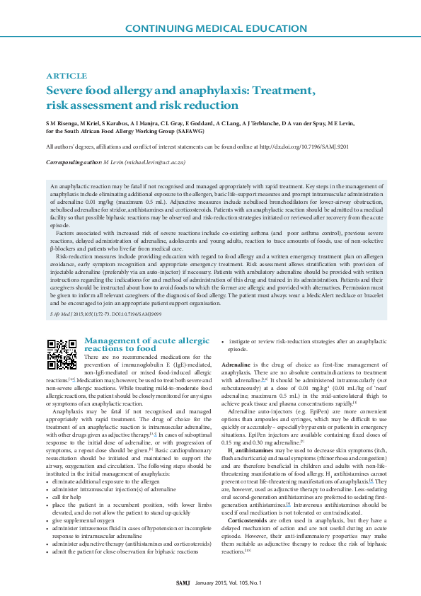 (PDF) Severe food allergy and anaphylaxis: Treatment, risk assessment ...