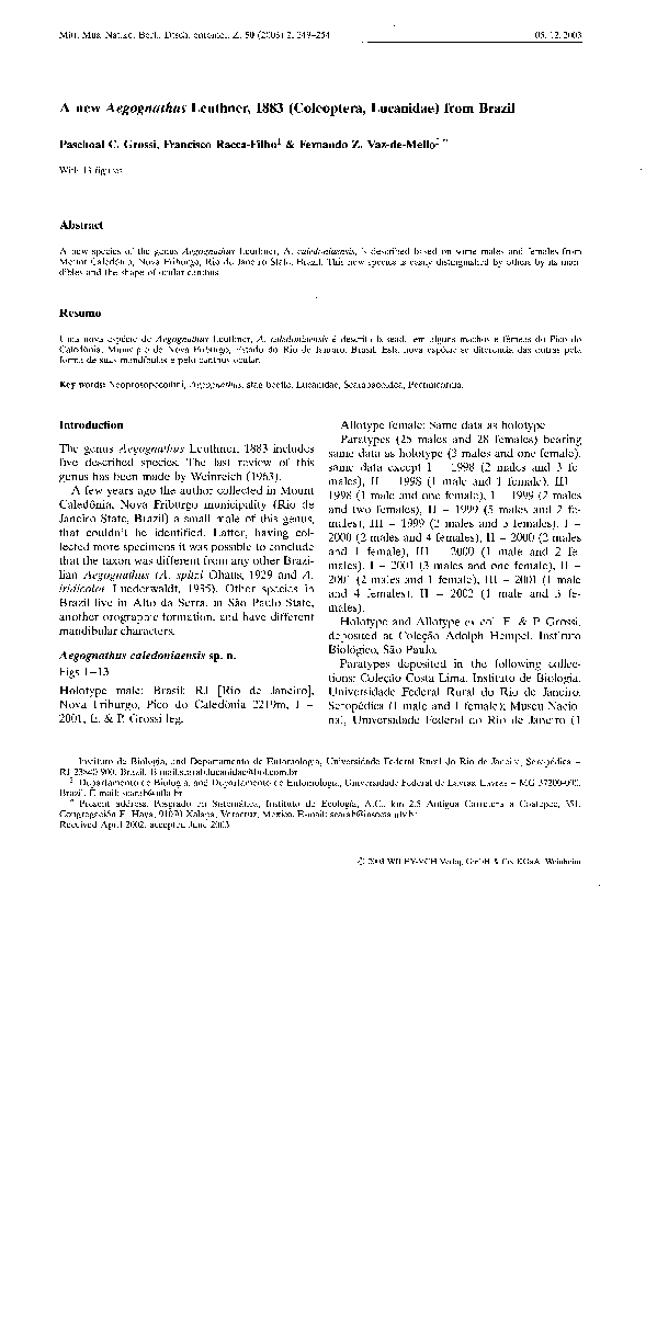 (PDF) A newAegognathus Leuthner, 1883 (Coleoptera, Lucanidae) from Brazil