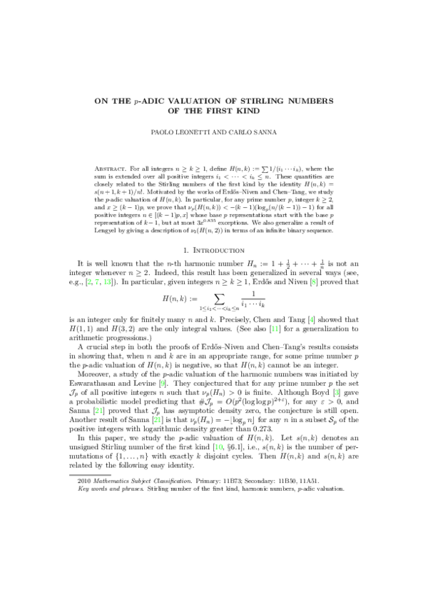 (PDF) On the p-adic valuation of Stirling numbers of first kind