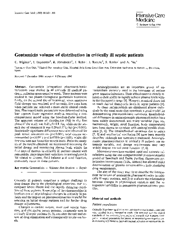 Pdf Gentamicin Volume Of Distribution In Critically Ill Septic Patients