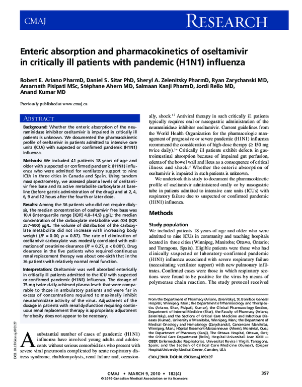 (PDF) Enteric absorption and pharmacokinetics of oseltamivir in ...