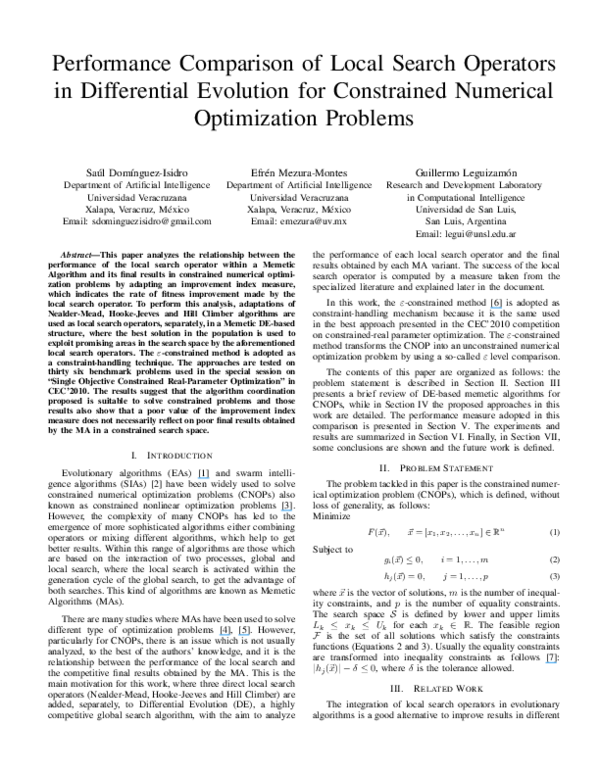 Pdf Performance Comparison Of Local Search Operators In Differential Evolution For Constrained