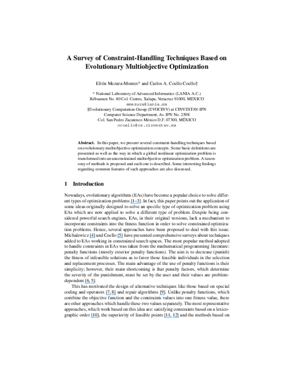 Pdf A Survey Of Constraint Handling Techniques Based On Evolutionary Multiobjective Optimization