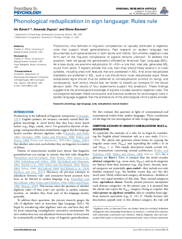 (PDF) Phonological reduplication in sign language: Rules rule