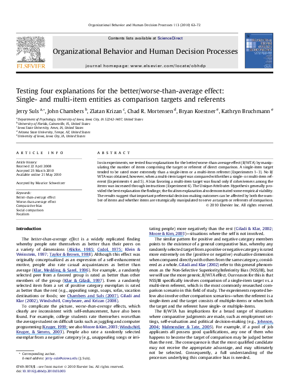 (PDF) Testing four explanations for the better/worse-than-average ...