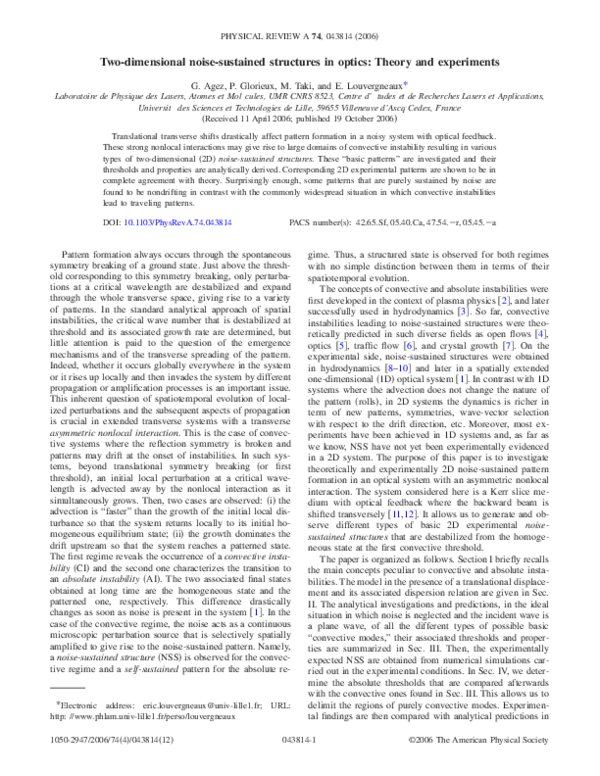 (PDF) Two-dimensional noise-sustained structures in optics: Theory and experiments