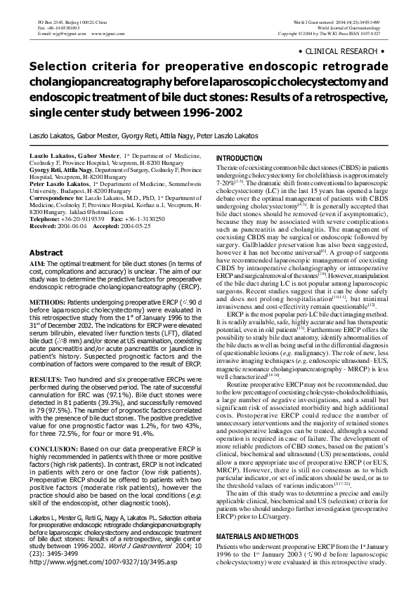 (PDF) Selection criteria for pre-operative endoscopic retrograde ...