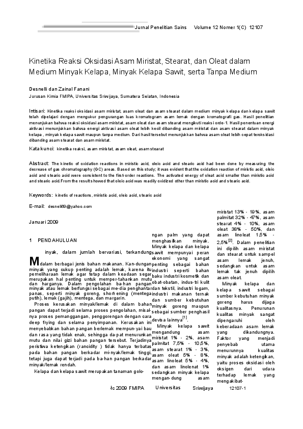 (PDF) Kinetika Reaksi Oksidasi Asam Miristat, Stearat, dan Oleat dalam ...