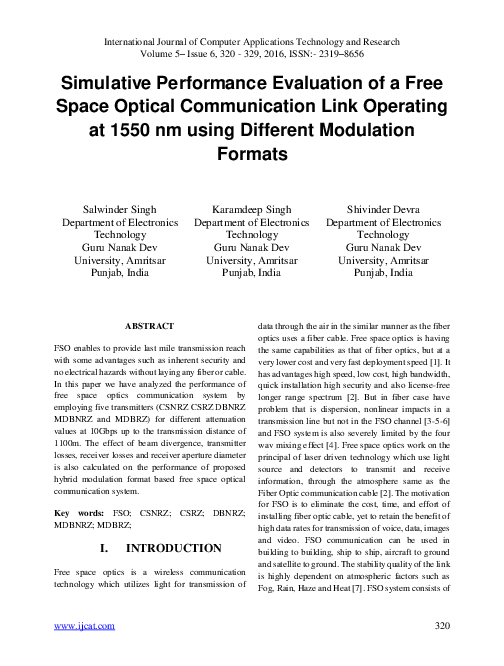 Pdf Simulative Performance Evaluation Of A Free Space Optical Communication Link Operating At