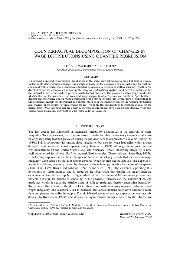 (PDF) Counterfactual decomposition of changes in wage distribu-tions using quantile regression