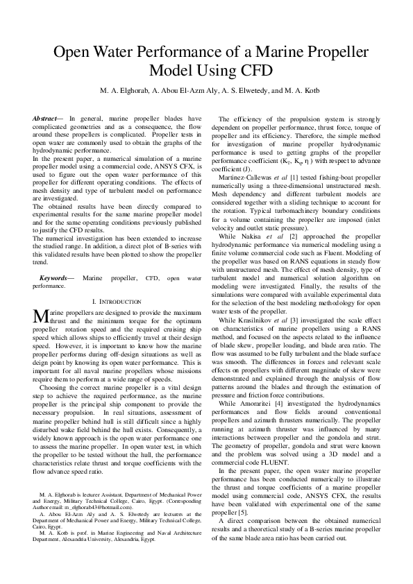 (PDF) Open Water Performance of a Marine Propeller Model Using CFD