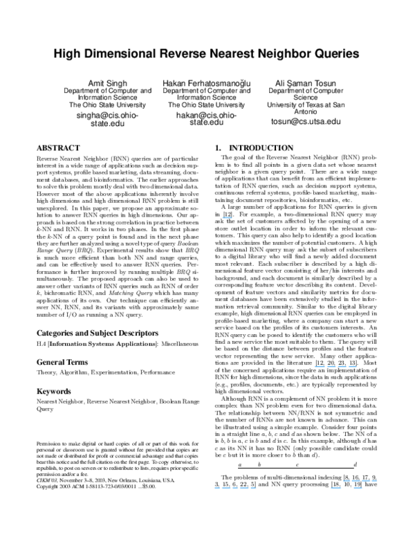 (PDF) High Dimensional Reverse Nearest Neighbor Queries