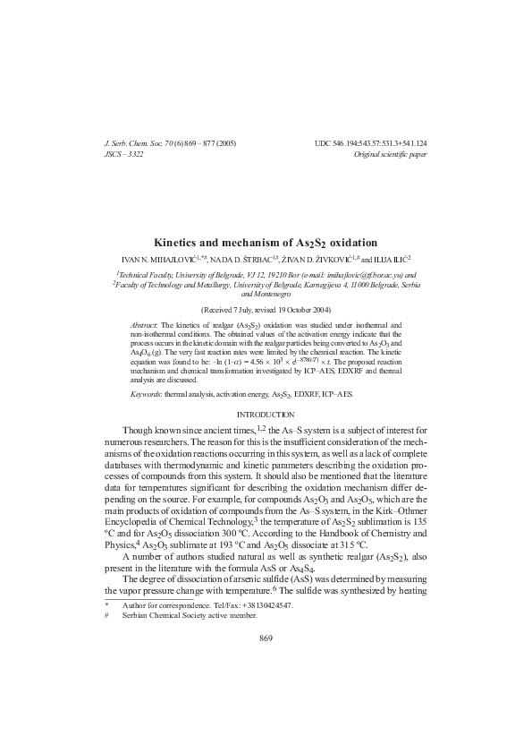 (PDF) Kinetics and mechanism of As2S2 oxidation