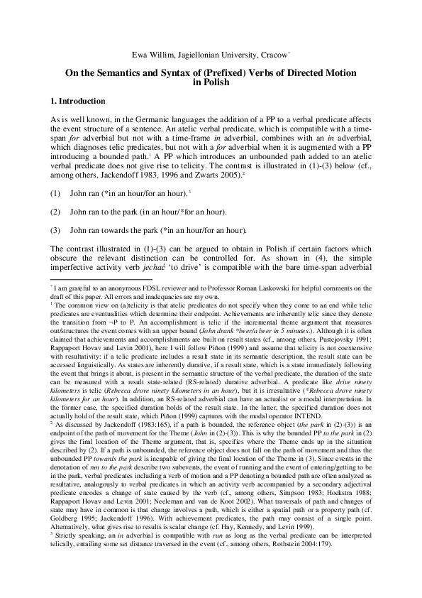 (PDF) On the Semantics and Syntax of (Prefixed) Verbs of Directed Motion in Polish