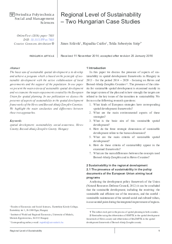 (PDF) Regional Level of Sustainability – Two Hungarian Case Studies