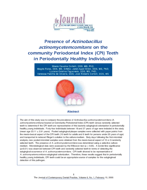 (PDF) Presence of Actinobacillus actinomycetemcomitans on the Community ...