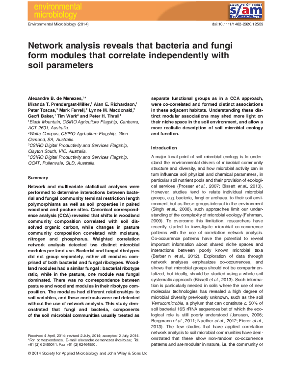 (PDF) Network analysis reveals that bacteria and fungi form modules ...