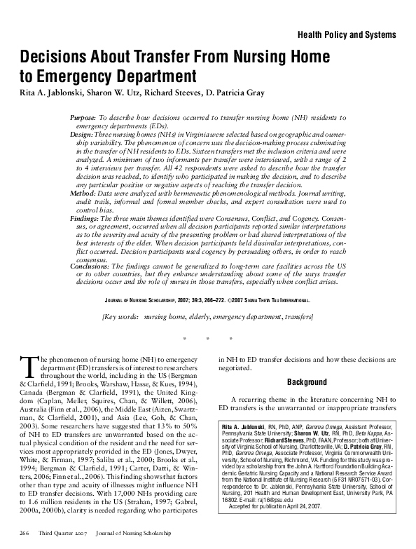 (PDF) Decisions About Transfer From Nursing Home to Emergency Department