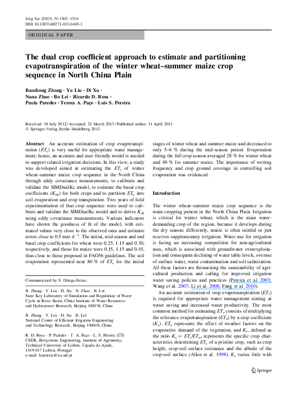 Pdf The Dual Crop Coefficient Approach To Estimate And Partitioning Evapotranspiration Of The