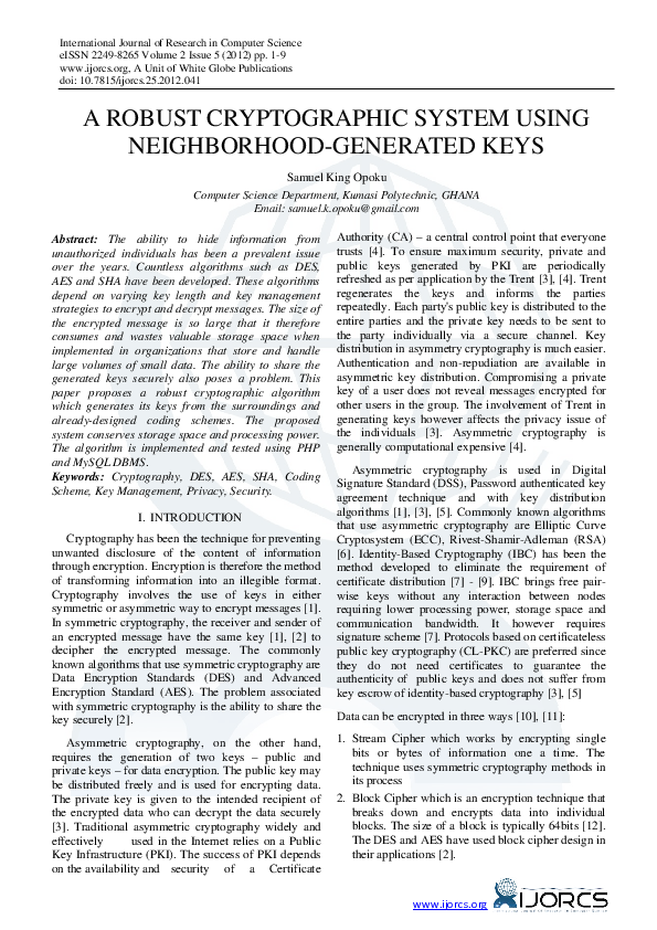 (PDF) A ROBUST CRYPTOGRAPHIC SYSTEM USING NEIGHBORHOOD-GENERATED KEYS