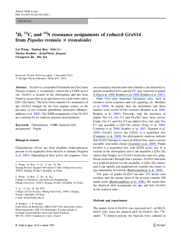 (PDF) ¹H, ¹³C, and ¹⁵N resonance assignments of reduced GrxS14 from ...