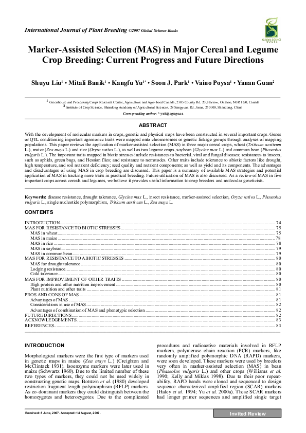 Marker-Assisted Selection (MAS) in Major Cereal and Legume Crop ...