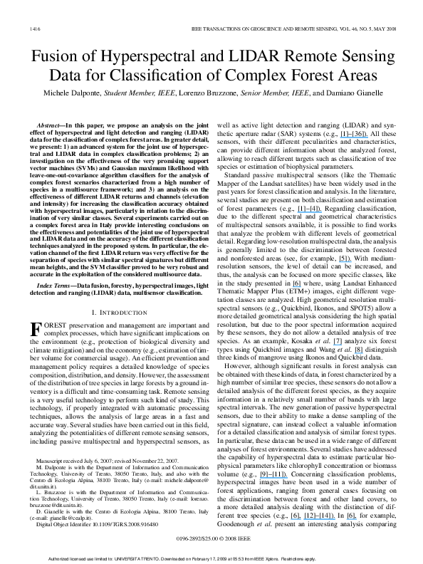 Pdf Fusion Of Hyperspectral And Lidar Remote Sensing Data For Classification Of Complex Forest