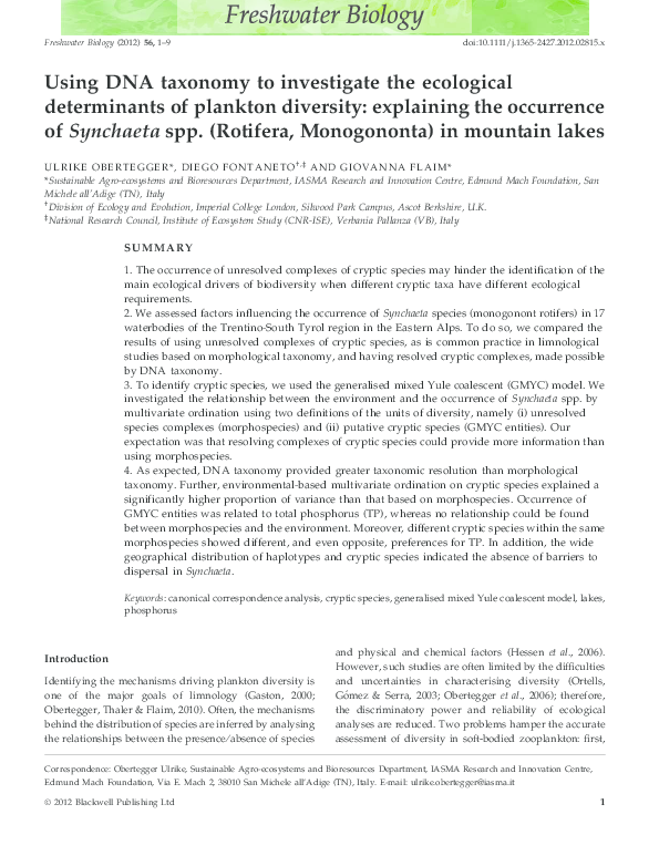 (PDF) Using DNA taxonomy to investigate the ecological determinants of ...