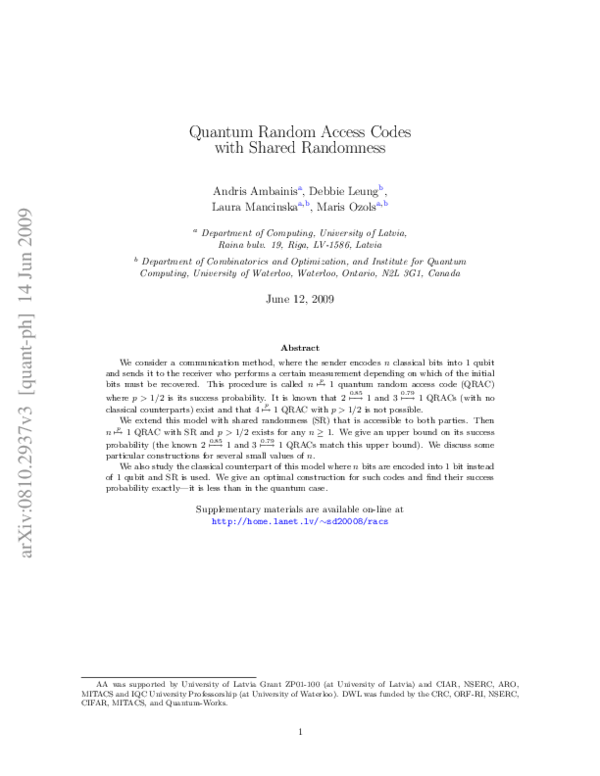 (PDF) Quantum random access codes with shared randomness