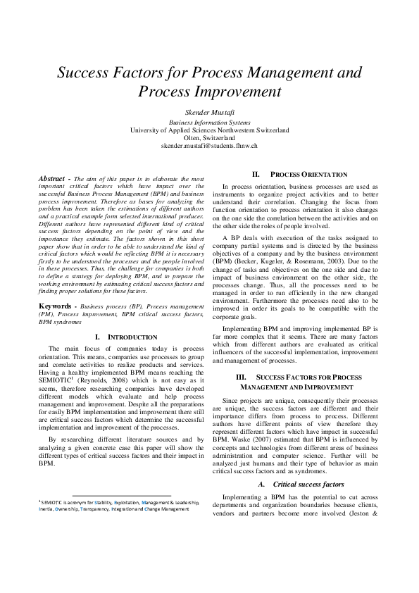 (PDF) Success Factors for Process Management and Process Improvement