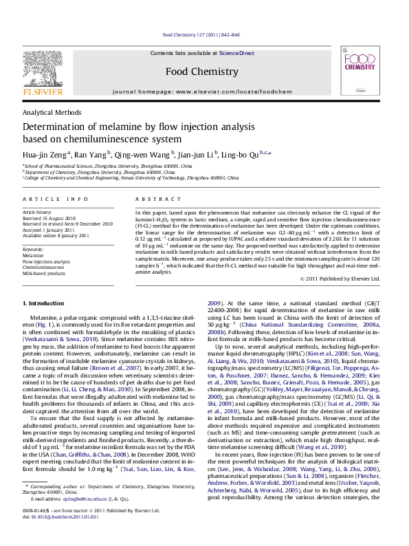 Pdf Determination Of Melamine By Flow Injection Analysis Based On