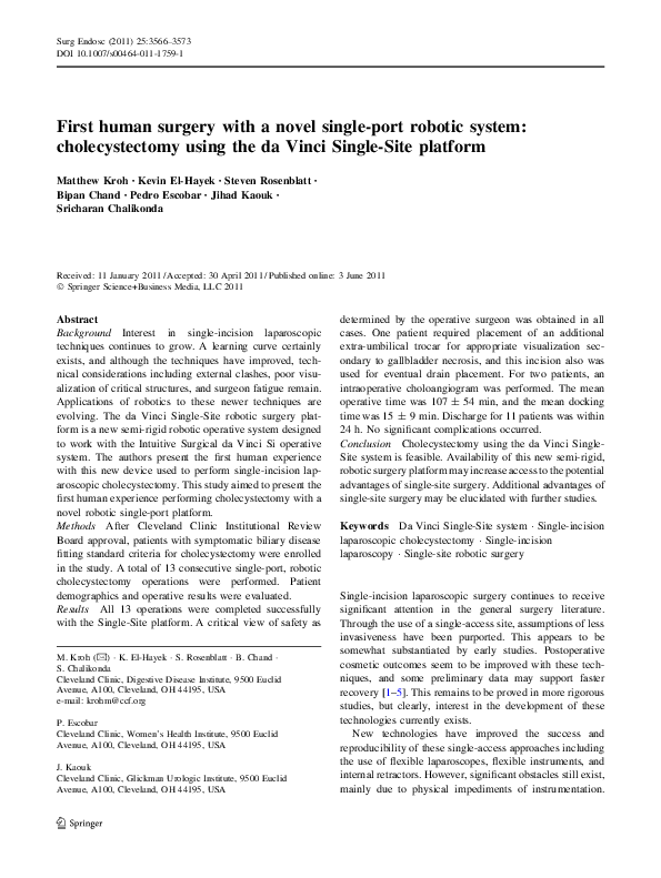 (PDF) First human surgery with a novel single-port robotic system ...