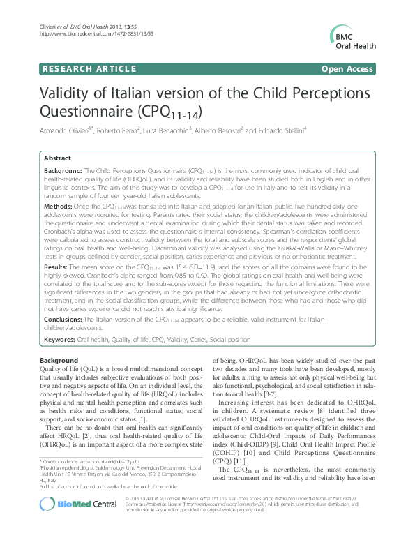 (PDF) Validity of Italian version of the Child Perceptions Questionnaire (CPQ11-14)