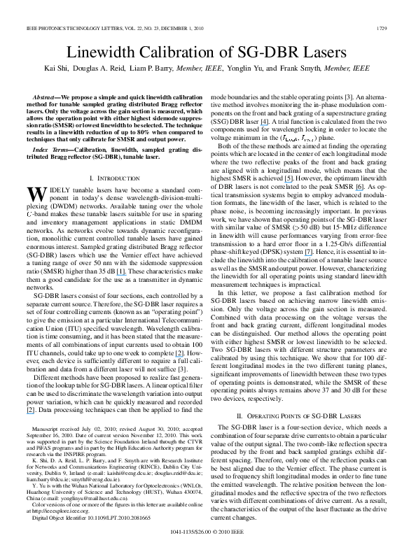 (PDF) Linewidth Calibration of SG-DBR Lasers